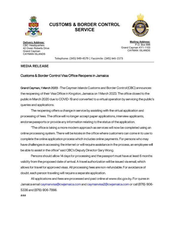 The Cayman Islands Customs and Border Control (CBC) has announced the ...